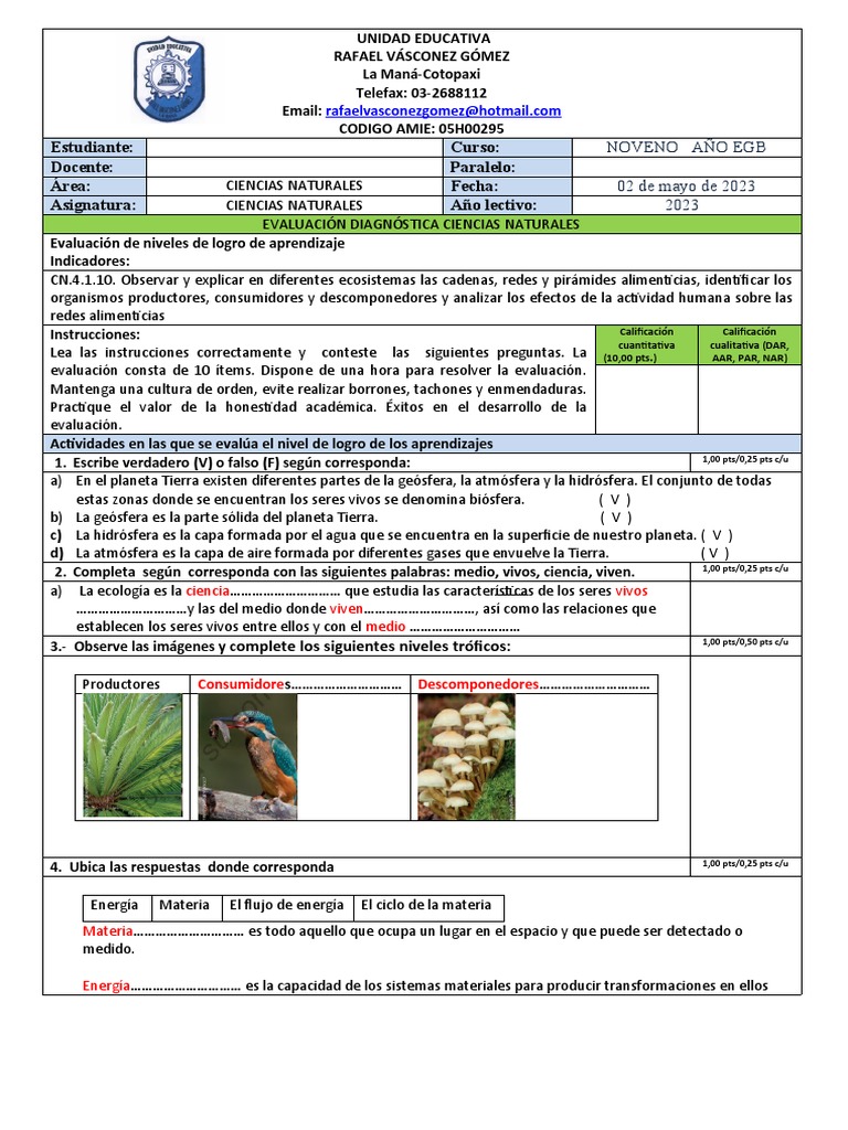 Evaluación Diagnóstica Noveno A - B CCNN 2023-2024 | PDF | Evaluación | Ecología