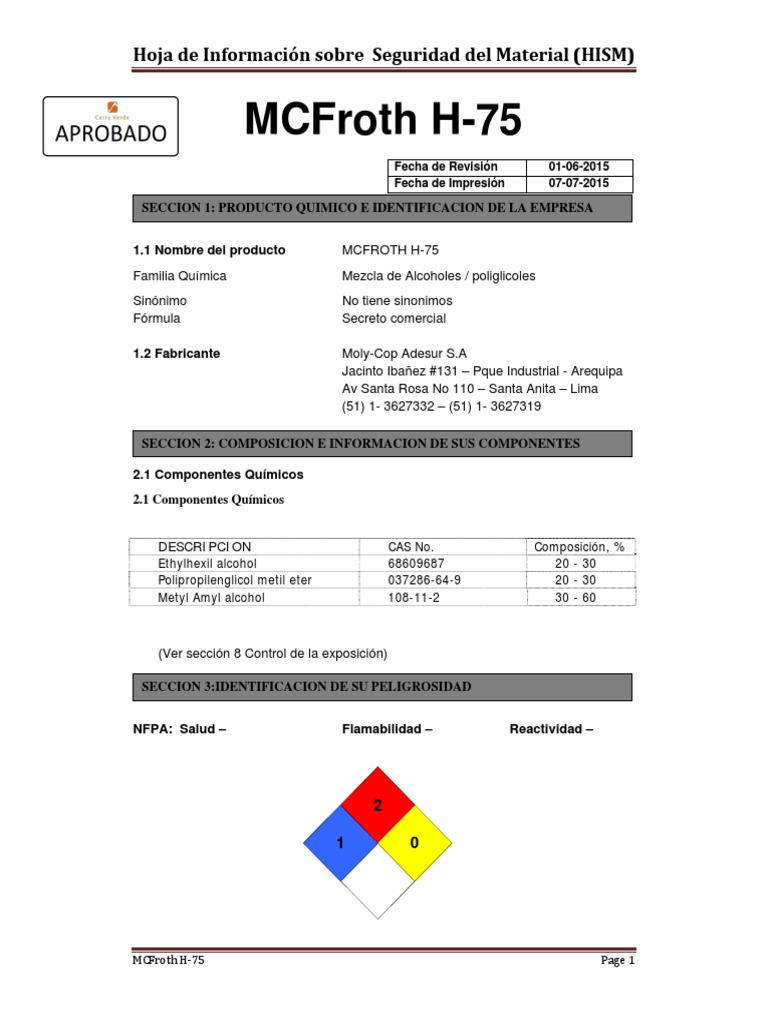 MCFroth H-75 - MOLY COP - FDS | PDF | Agua | Contaminación