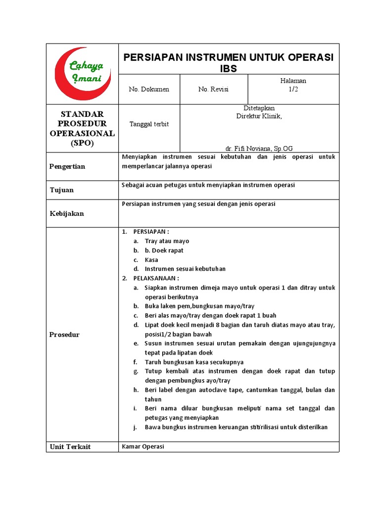 Spo Persiapan Instrumen Untuk Operasi Ibs | PDF | Teknologi & Rekayasa