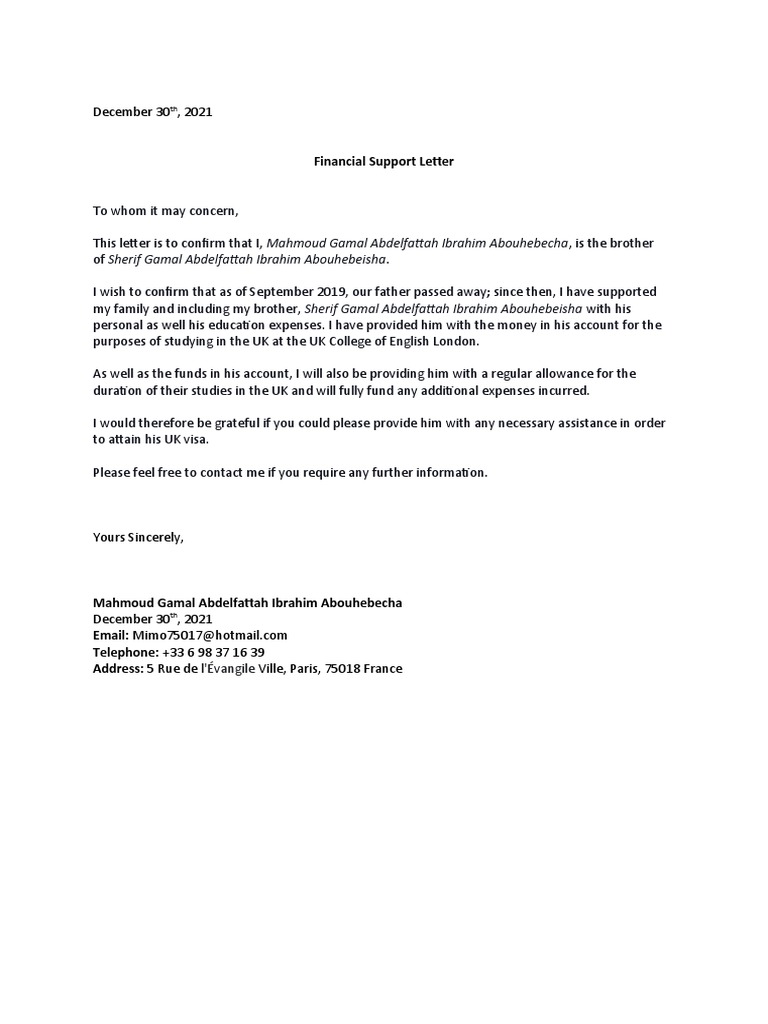Financial Support Letter for Visa | PDF