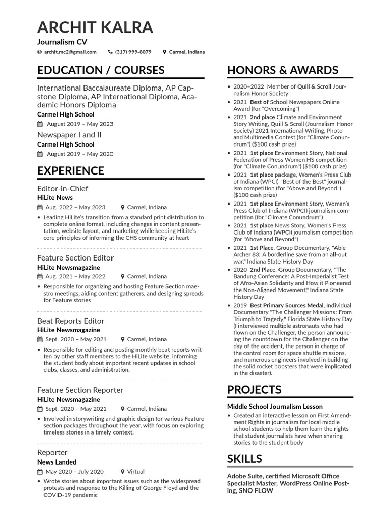 Archit Kalra Hilite CV | PDF | Space Shuttle Challenger | Journalism