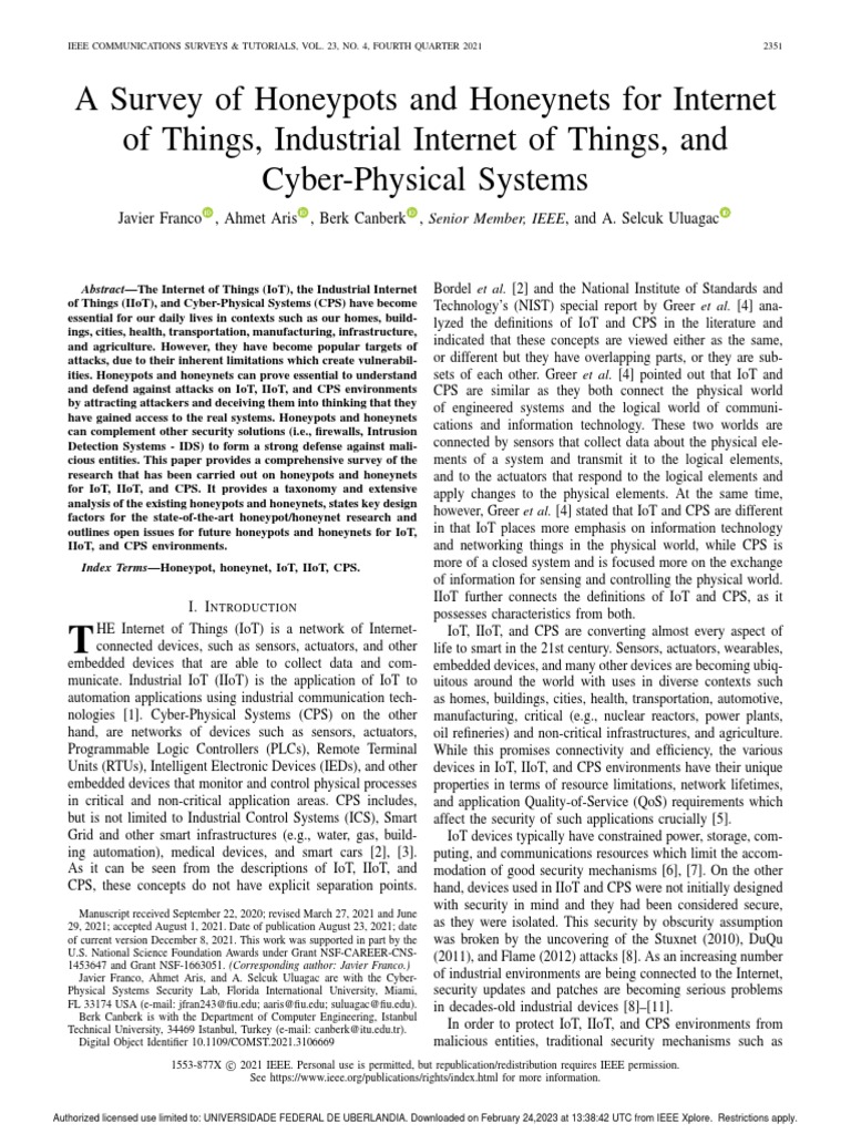A Survey of Honeypots and Honeynets For Internet of Things Industrial Internet of Things and ...