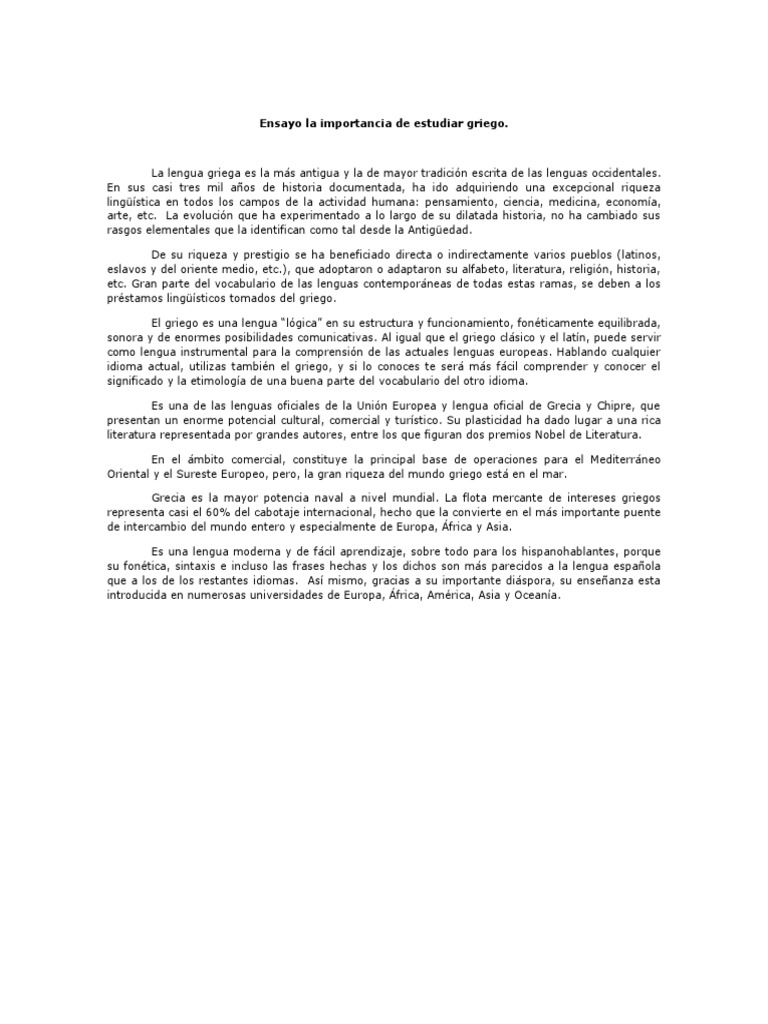 Ensayo La Importancia de Estudiar Griego | PDF | Lengua griega | Grecia Ensayo La Importancia de Estudiar Griego | PDF | Lengua griega | Grecia