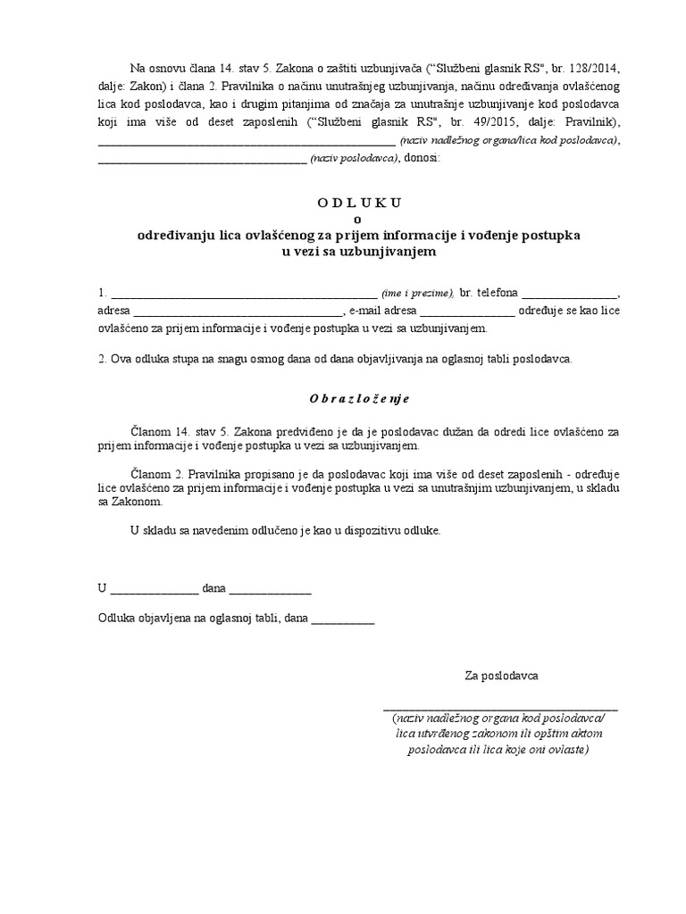 ODLUKU o određivanju lica ovlašćenog za prijem informacije i vođenje postupka u vezi sa ...