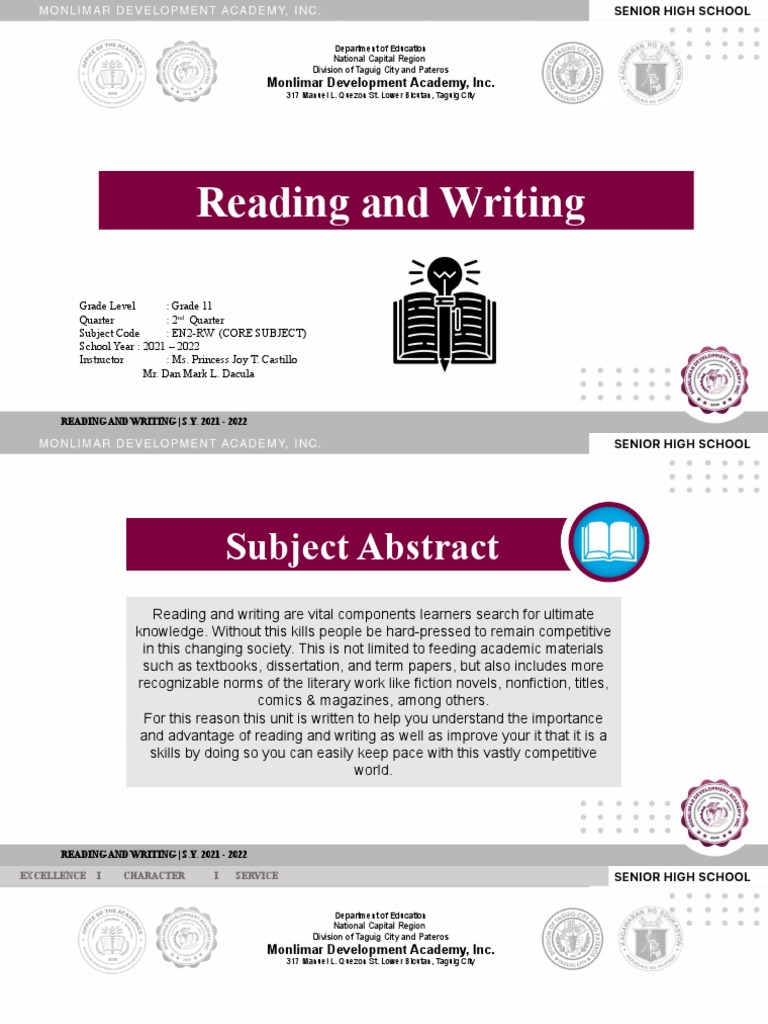 Reading and Writing: Monlimar Development Academy, Inc | PDF ...