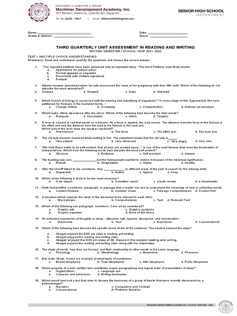 Third Quarterly Reading & Writing Assessment | PDF | Reading ...