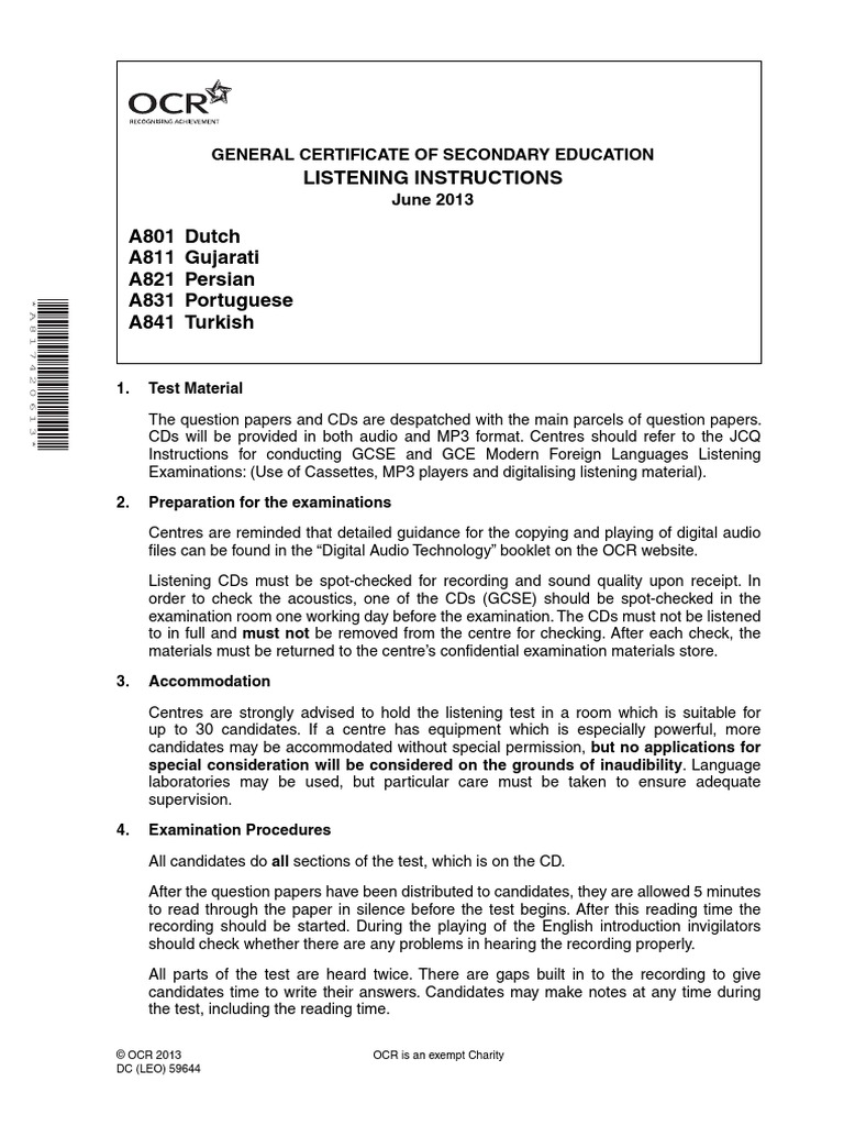 Question Paper Unit A831 Listening Instructions | PDF | Compact Disc