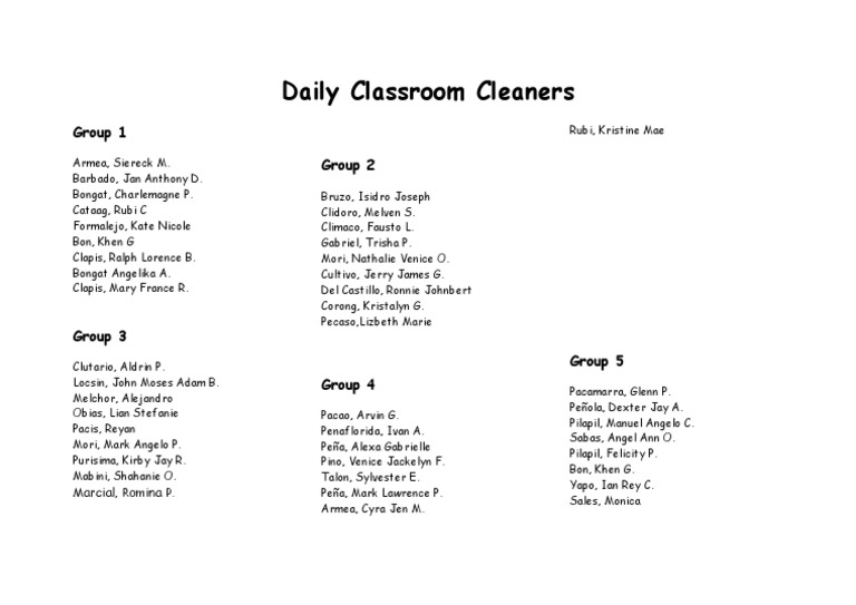 Daily Classroom Cleaners Assignment | PDF