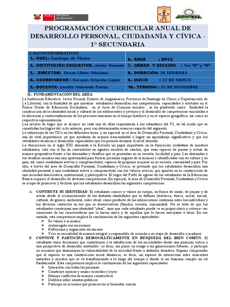 Plan Anual 1° DPCC - 2023 | Descargar gratis PDF | Aprendizaje | Desarrollo personal