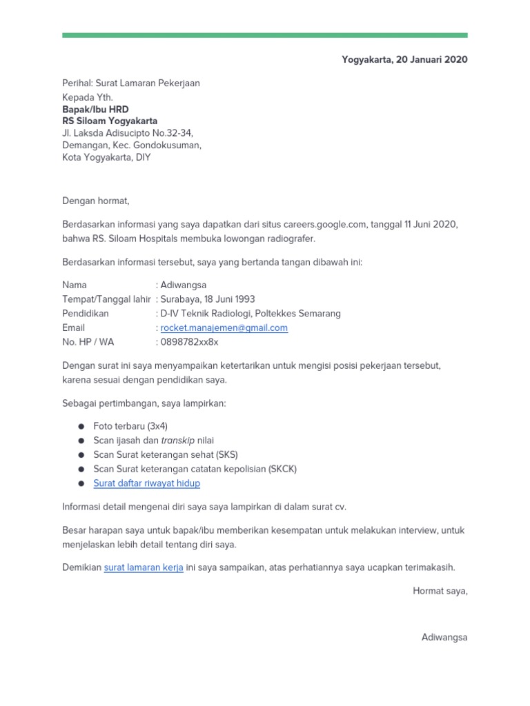 Surat Lamaran Radiografer RS Siloam | PDF