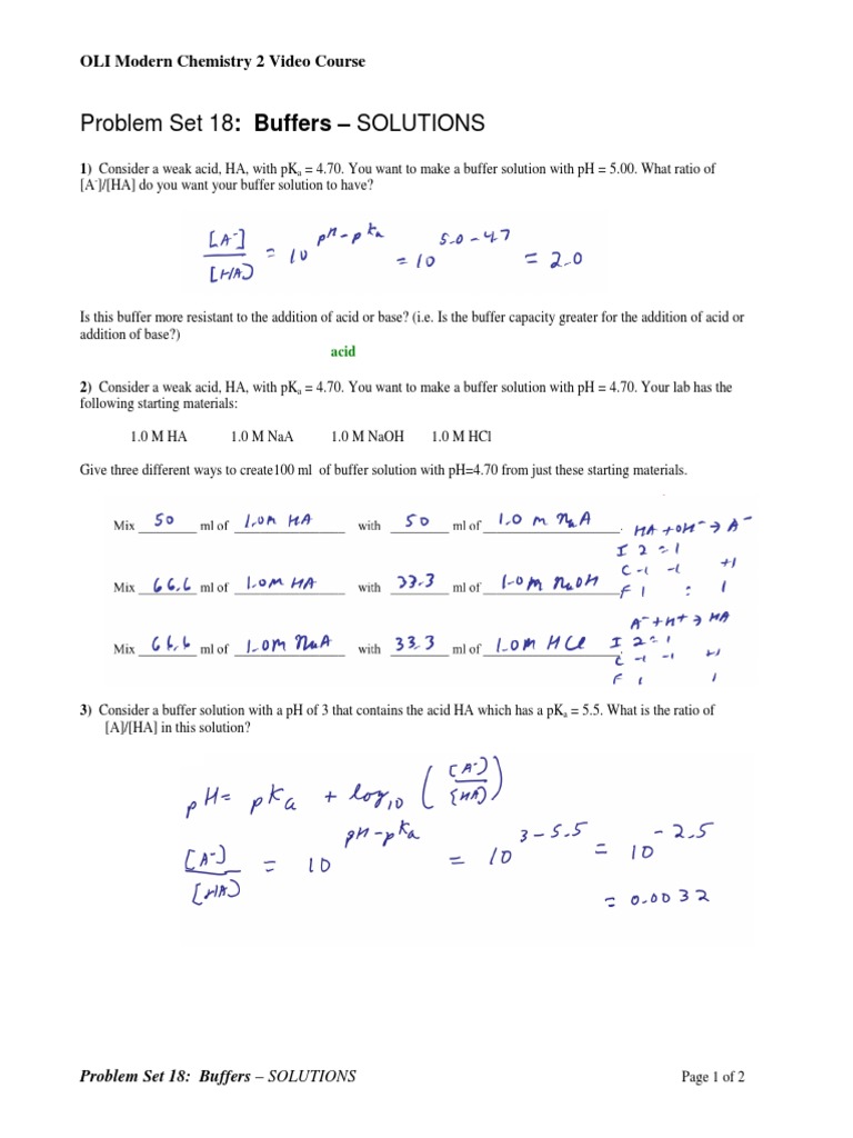 Problem Set 18: Buffers - SOLUTIONS: OLI Modern Chemistry 2 Video ...