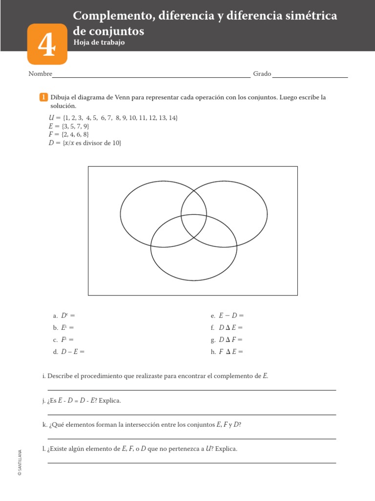 Hoja de trabajo 04 - Complemento, diferencia y diferencia simétrica de conjuntos - Unidad 1 ...