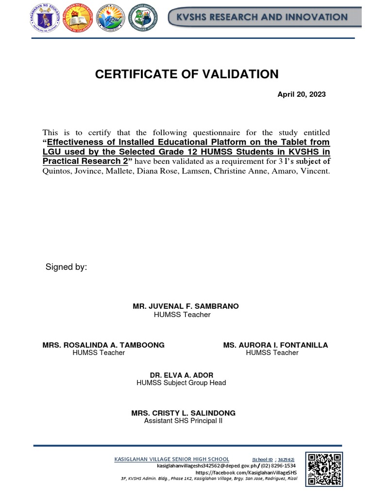 Certificate of Validation: This Is To Certify That The Following Questionnaire For The Study ...