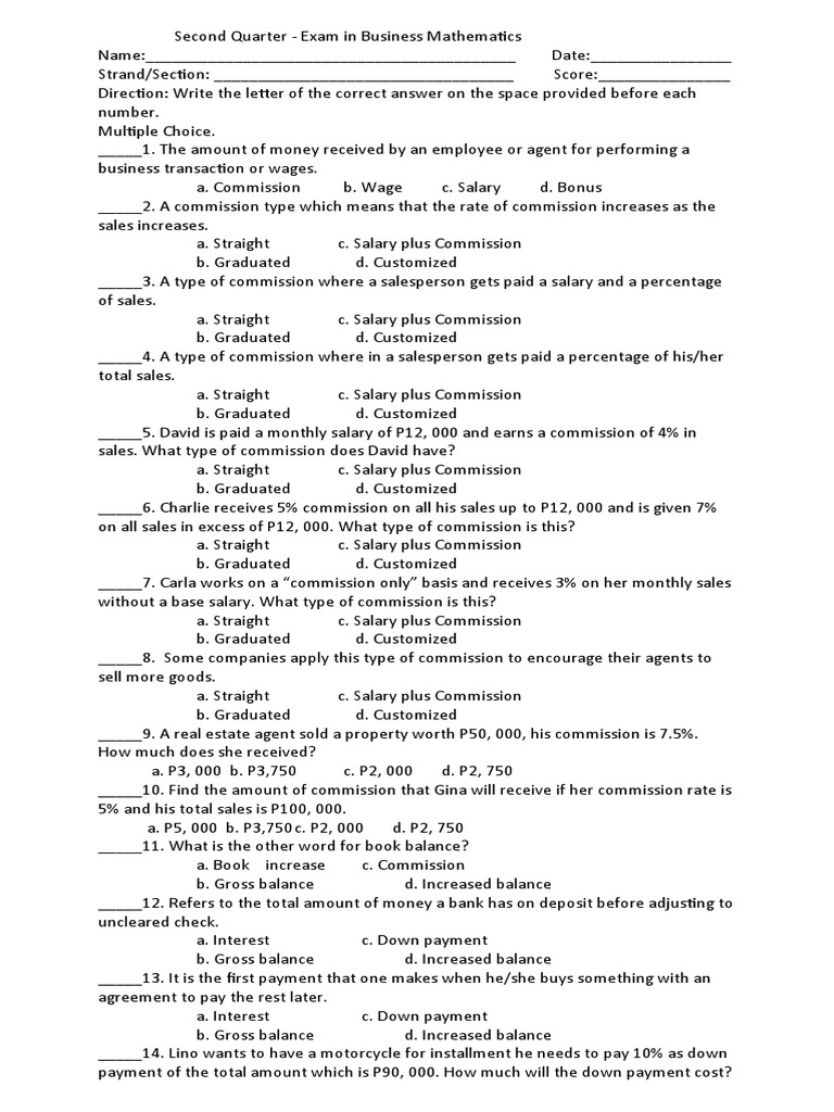 Second Quarter Test in Business Math | PDF | Salary | Employment