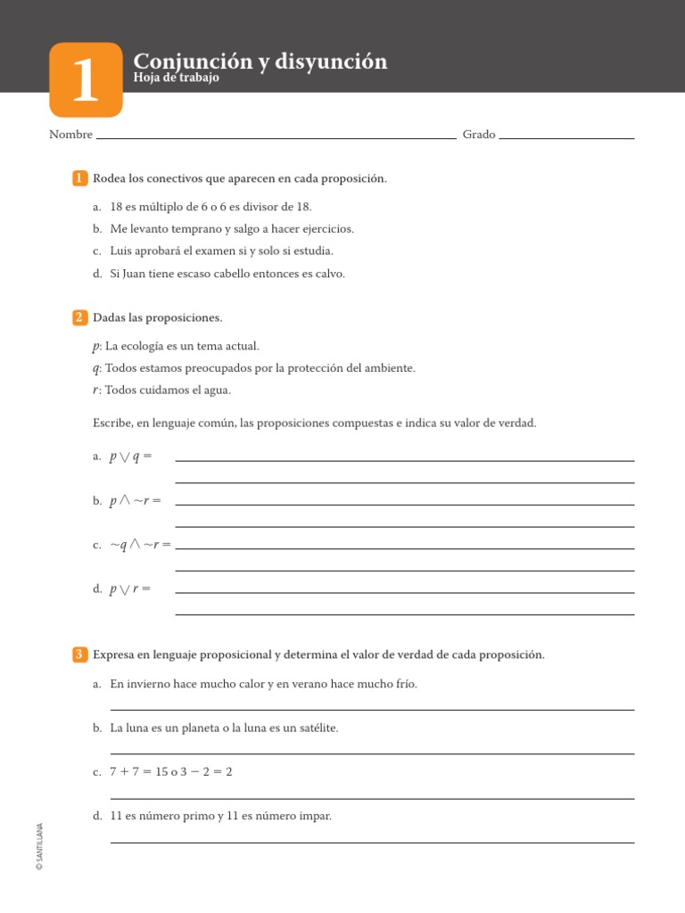Hoja de Trabajo 06 - Conjunción Disyunción - Unidad 1 - Santillana 8 ...