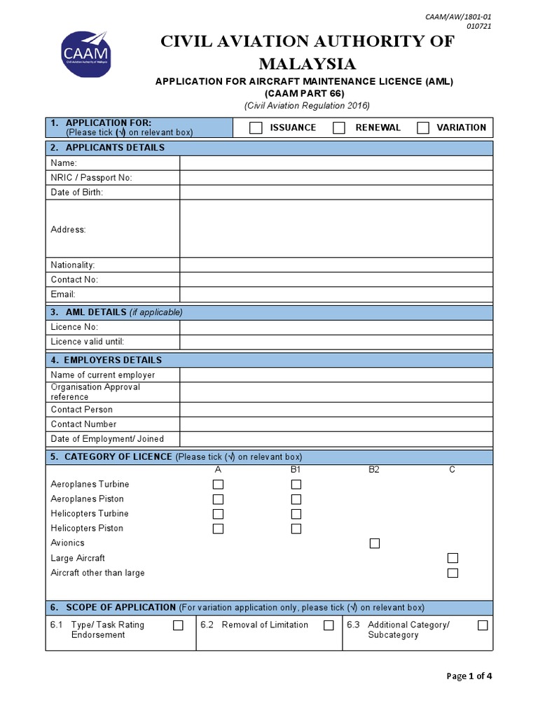 CAAMAW180101 Application For Aml | PDF | Aircraft