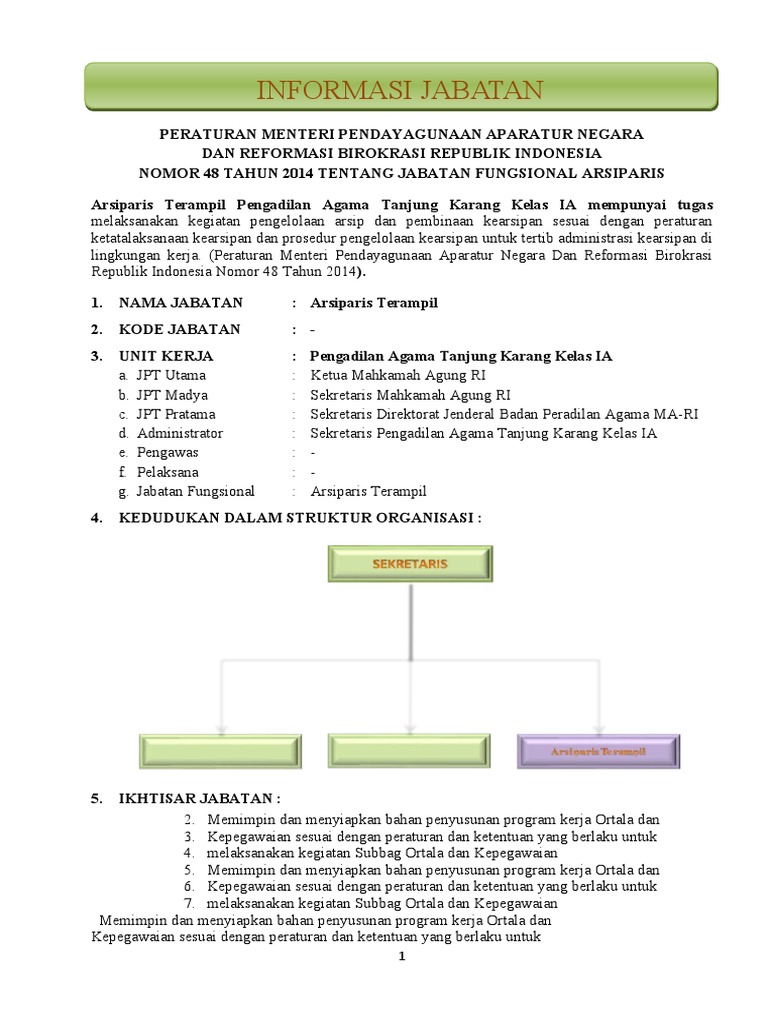 ANJAB Arsiparis_terampil_permenpan_no_1_tahun_2020 | PDF