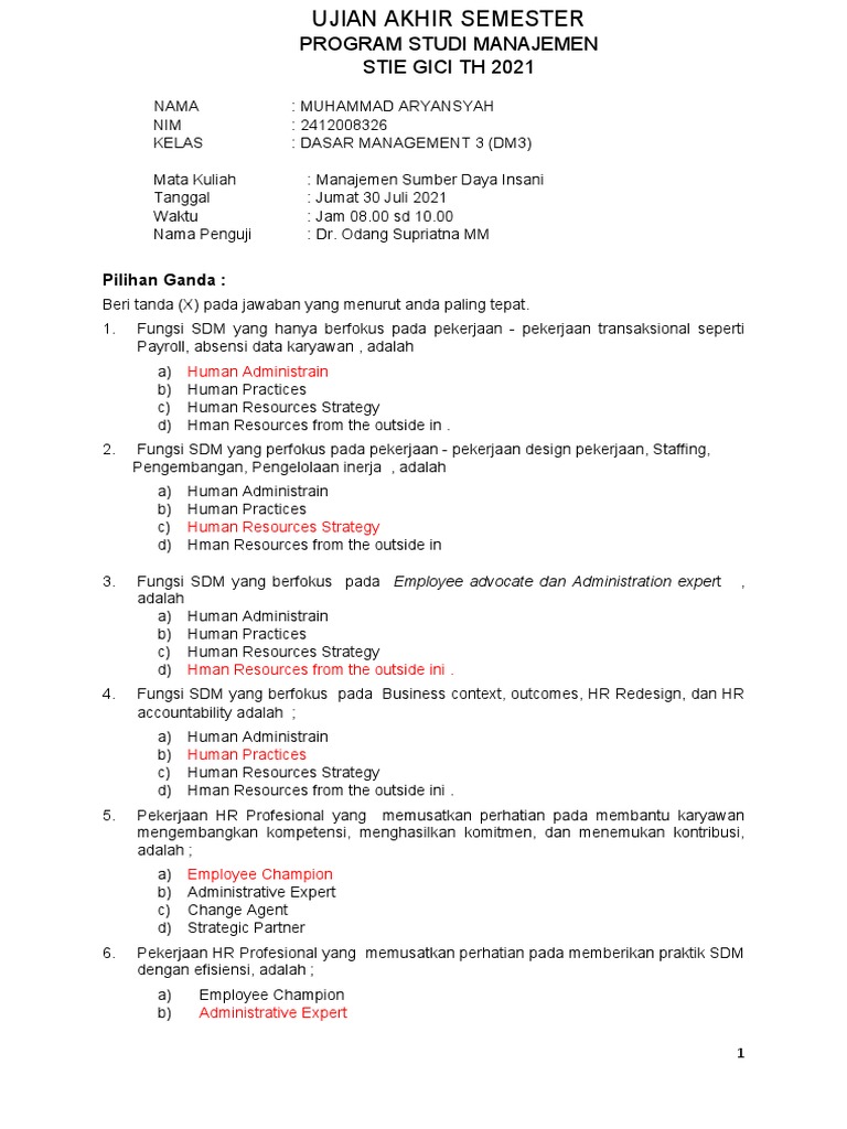 JAWABAN UAS Sumber Daya Insani MUHAMMAD ARYANSYAH 2412008326 DM3 | PDF | Karier & Perkembangan