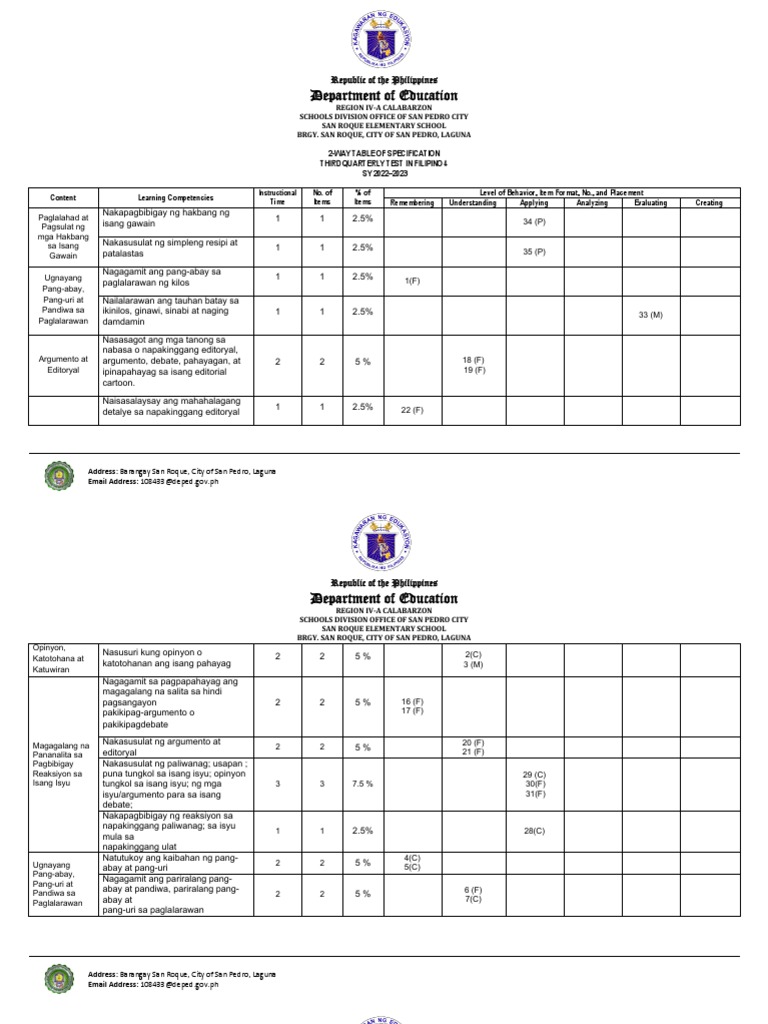 Grade 4 3rd QTR TOS FILIPINO | PDF