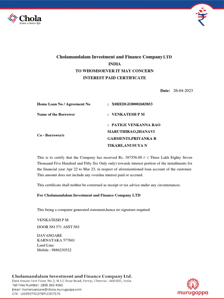 Cholamandalam Investment and Finance Company: LTD India To Whomsoever ...