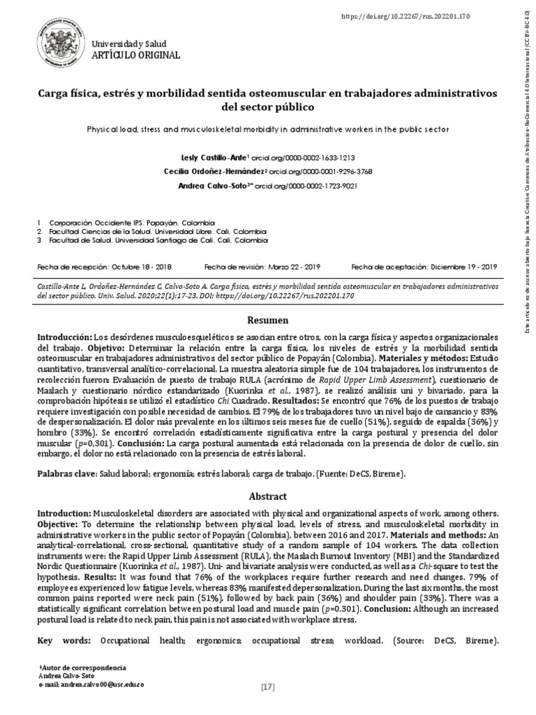 Carga Física, Estrés y Morbilidad Sentida Osteomuscular en Trabajadores ...