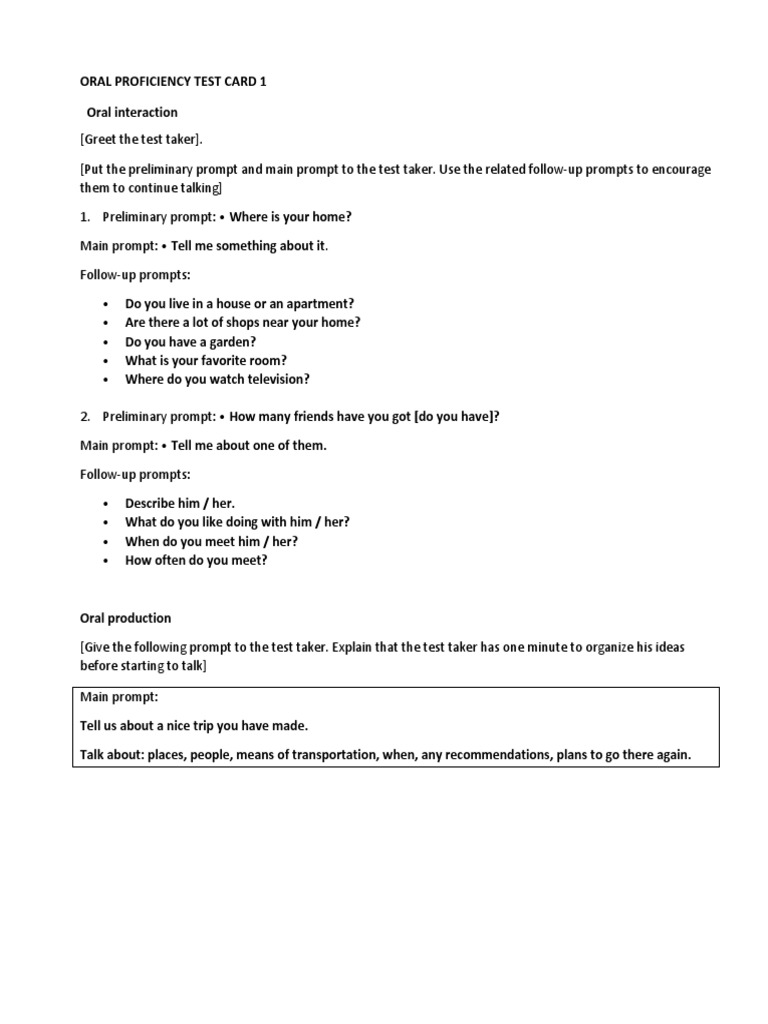 Oral Proficiency Test Card 1 Oral Interaction | PDF
