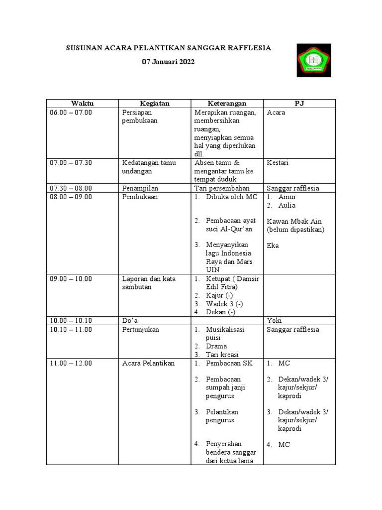 Rundown Acara Pelantikan Sanggar Rafflesia | PDF