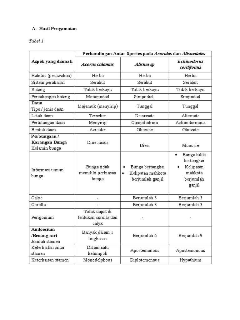 Perbandingan Spesies Acorales dan Alismatales | PDF