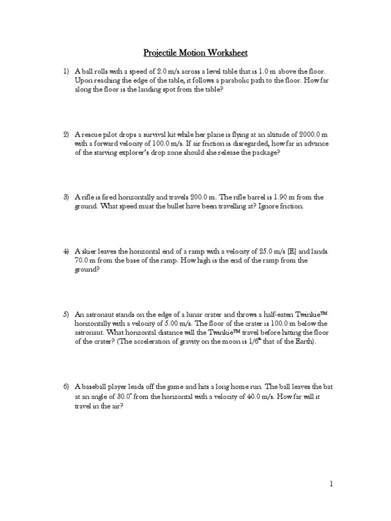 Projectile Motion Worksheet | PDF