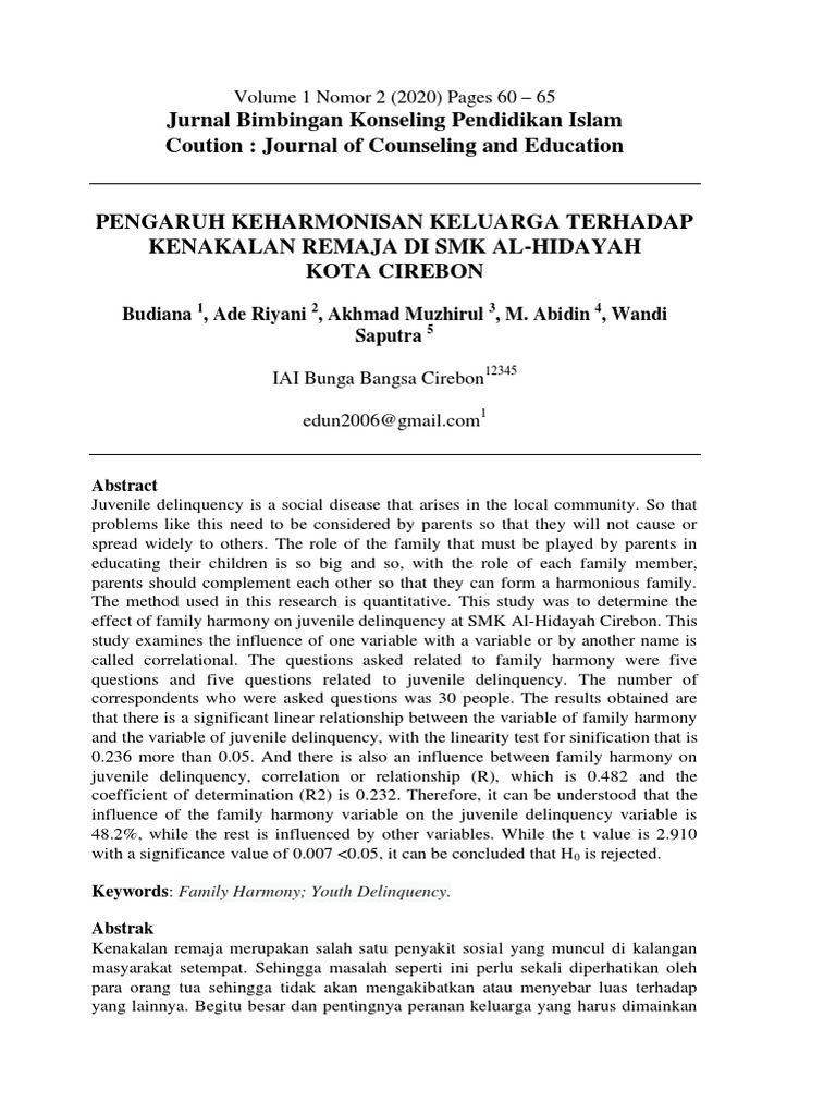 Pengaruh Keharmonisan Keluarga Terhadap Kenakalan Remaja Di SMK Al-Hidayah Kota Cirebon | PDF ...