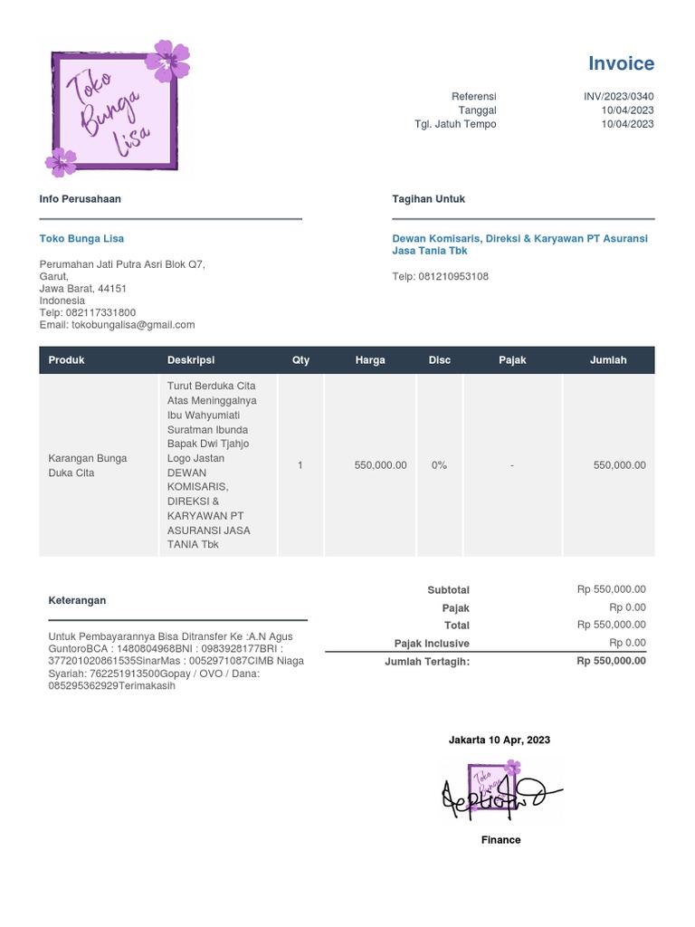 Invoice Karangan Bunga Duka Cita Garut | PDF