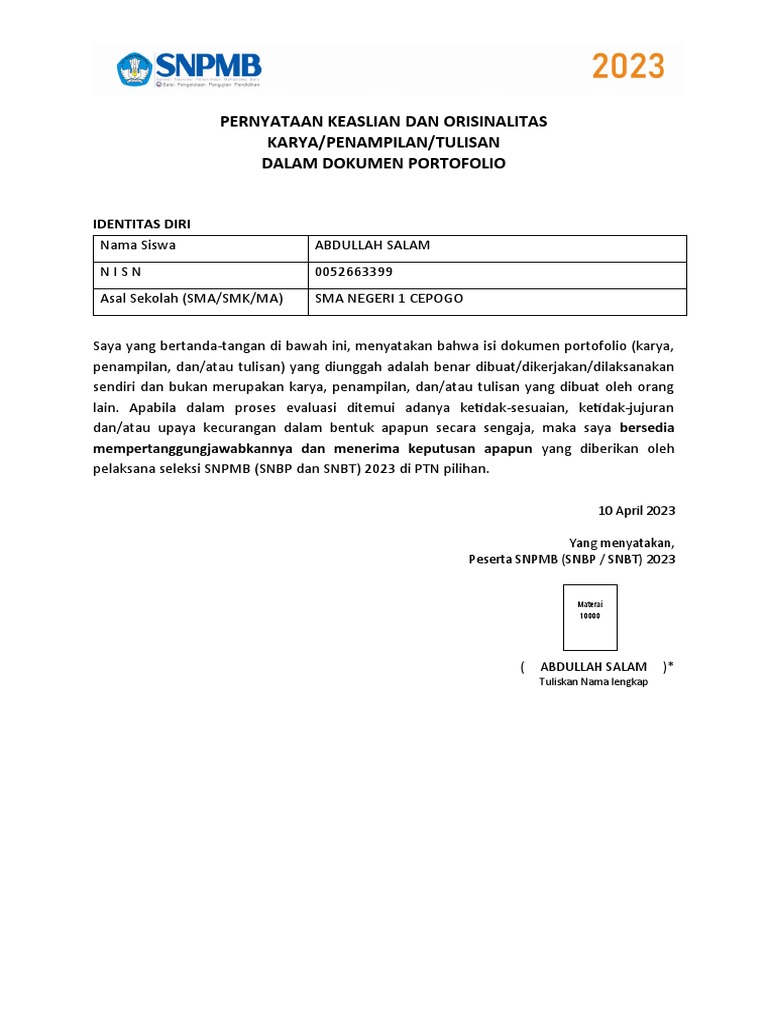 01 TEMPLATE PERNYATAAN KEASLIAN DAN ORISINALITAS KARYA SNPMB 2023 | PDF