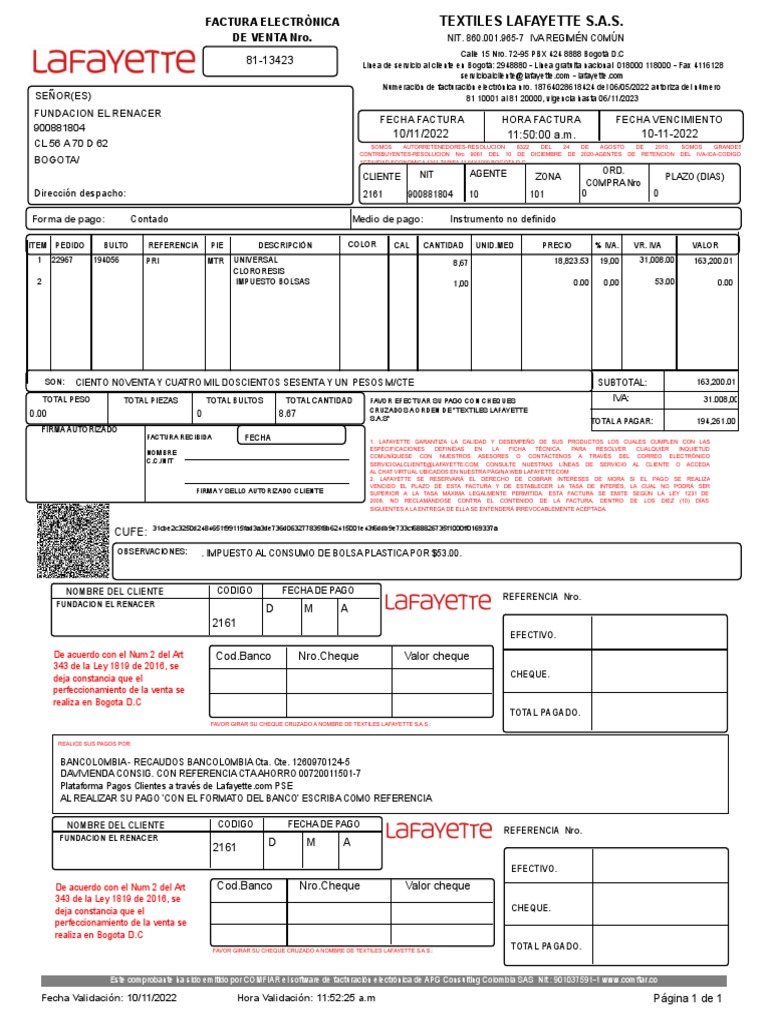 Fecha Factura Fecha Vencimiento Señor (Es) Fundacion El Renacer ...