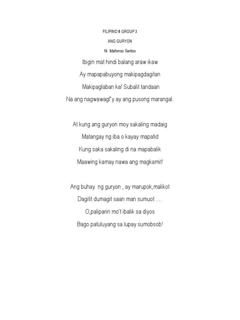 Filipino 8 Group 3 Ang Guryon Ni Ildefonso Santos | PDF