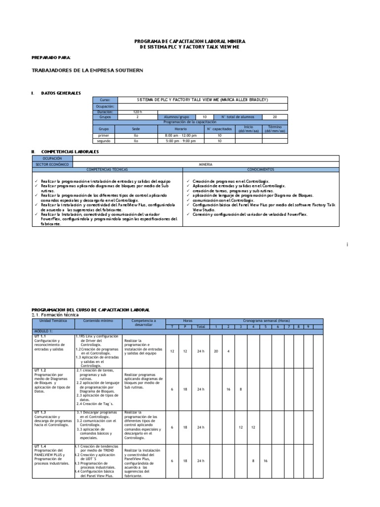 Programa de Capacitacion Laboral Minera de Sistema PLC Y Factory Talk View Me | PDF | Software ...