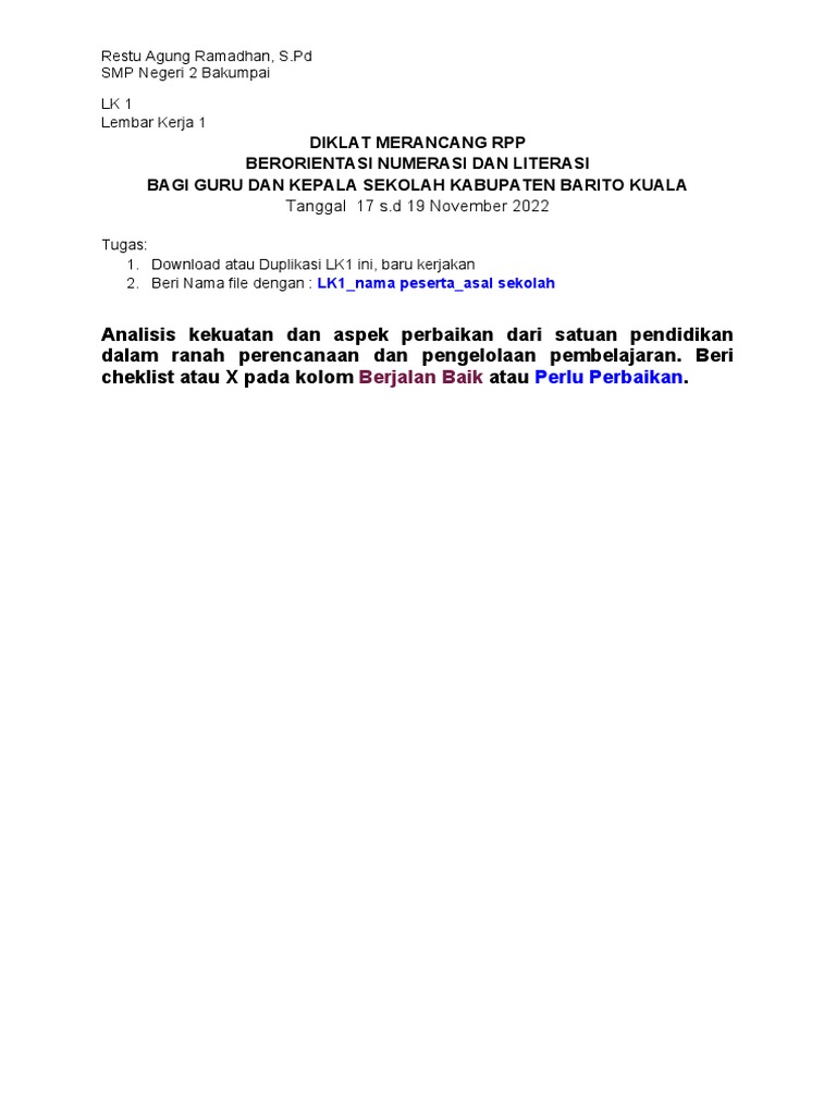LK1 - Restu Agung Ramadhan, S.PD - SMPN2Bakumpai (1) - 1 | PDF | Sains ...