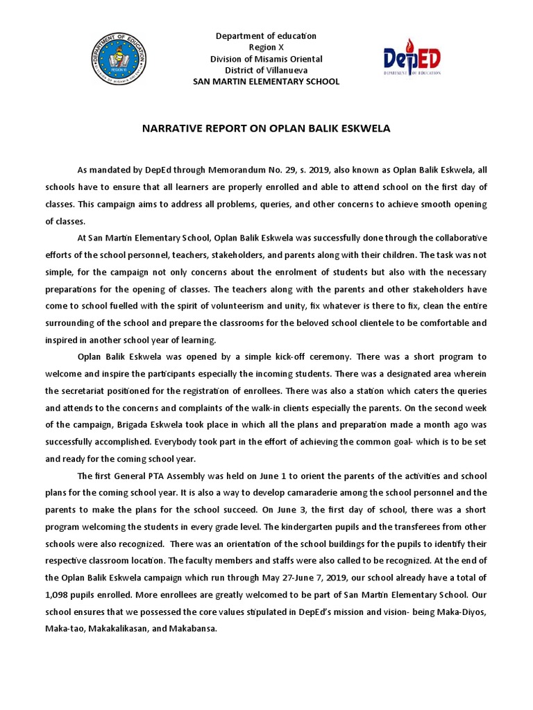 San Martin ES Narrative Report - OPLAN BALIK ESKWELA | PDF | Schools ...