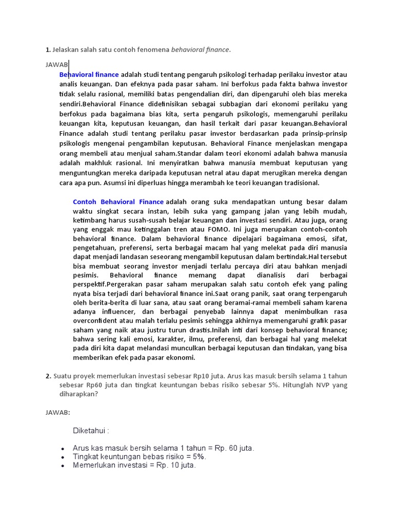 Contoh Behavioral Finance dan Perhitungan NPV | PDF