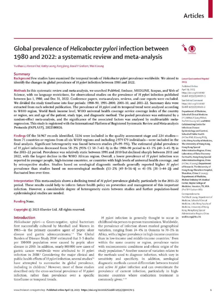 Li Yunhao Global Prevalence of Helicobacter Pylori | PDF