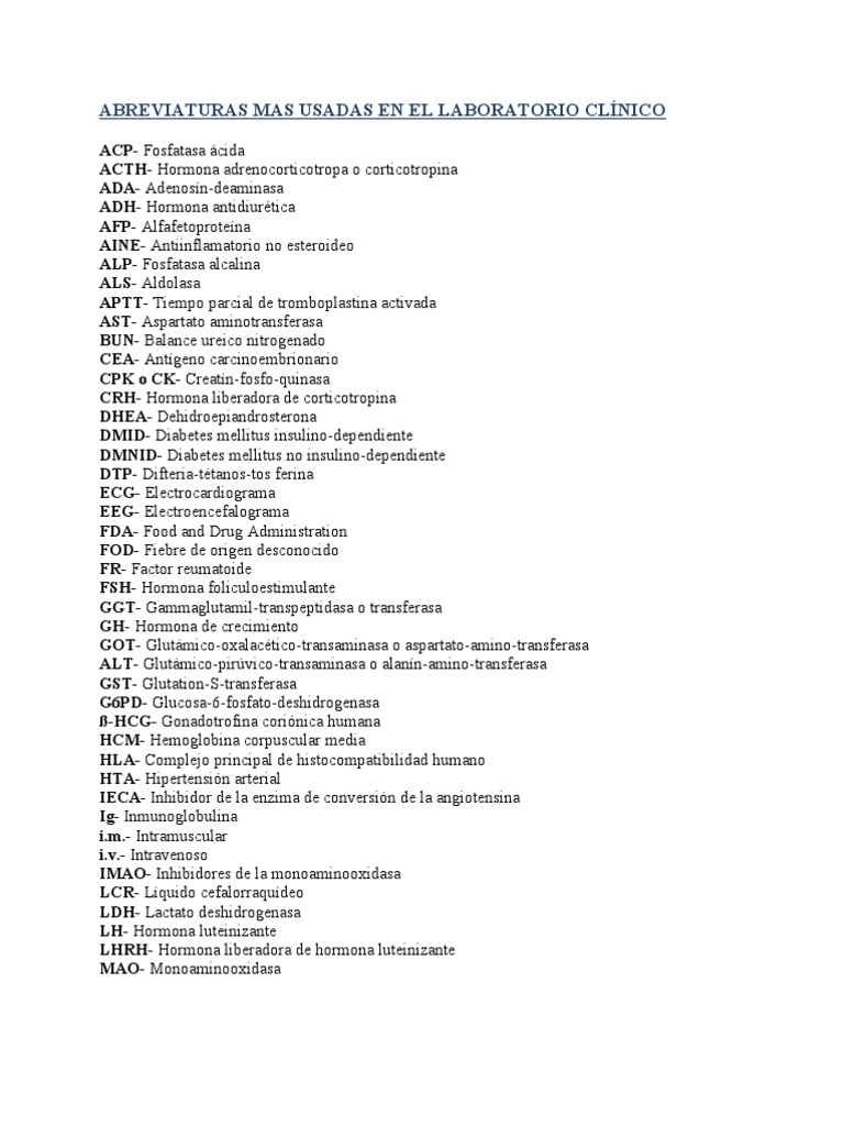 Abreviaturas Mas Usadas en El Laboratorio Clínico | PDF | Hormona ...