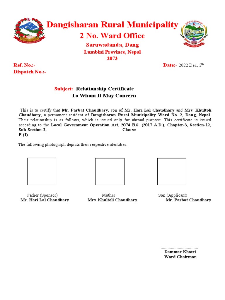 Relationship Certificate for Parbat Chaudhary | PDF