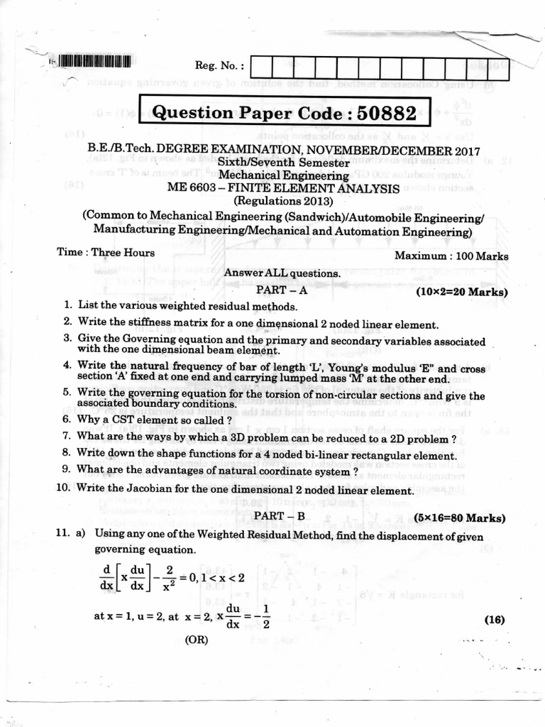 Finite Element Analysis University Question Paper Nov Dec 17 2 Pdf