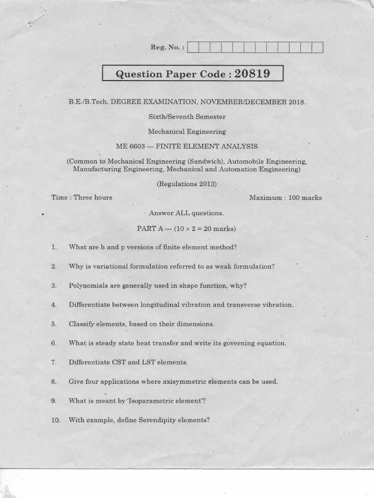 Finite Element Analysis University Question Paper Nov Dec 18 | PDF