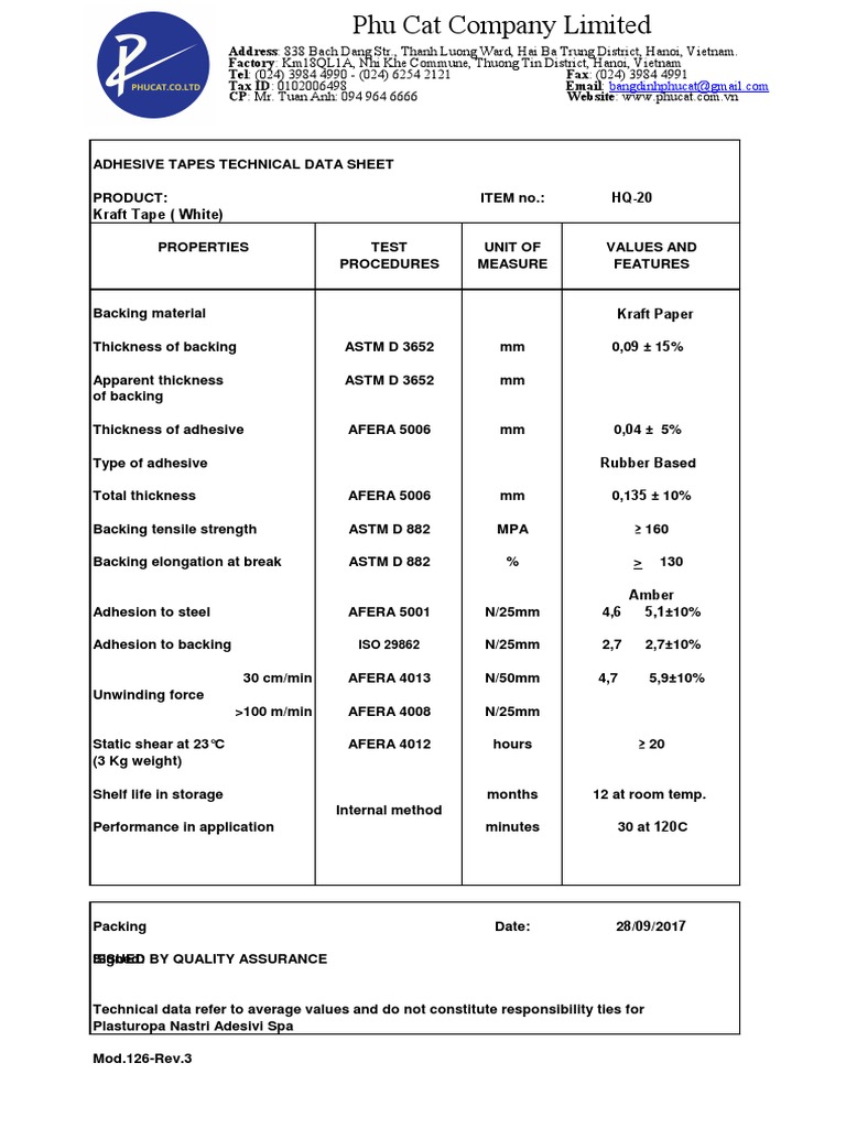 Kraft Adhesive Tape Technical Data Sheet | PDF | Materials | Secondary ...