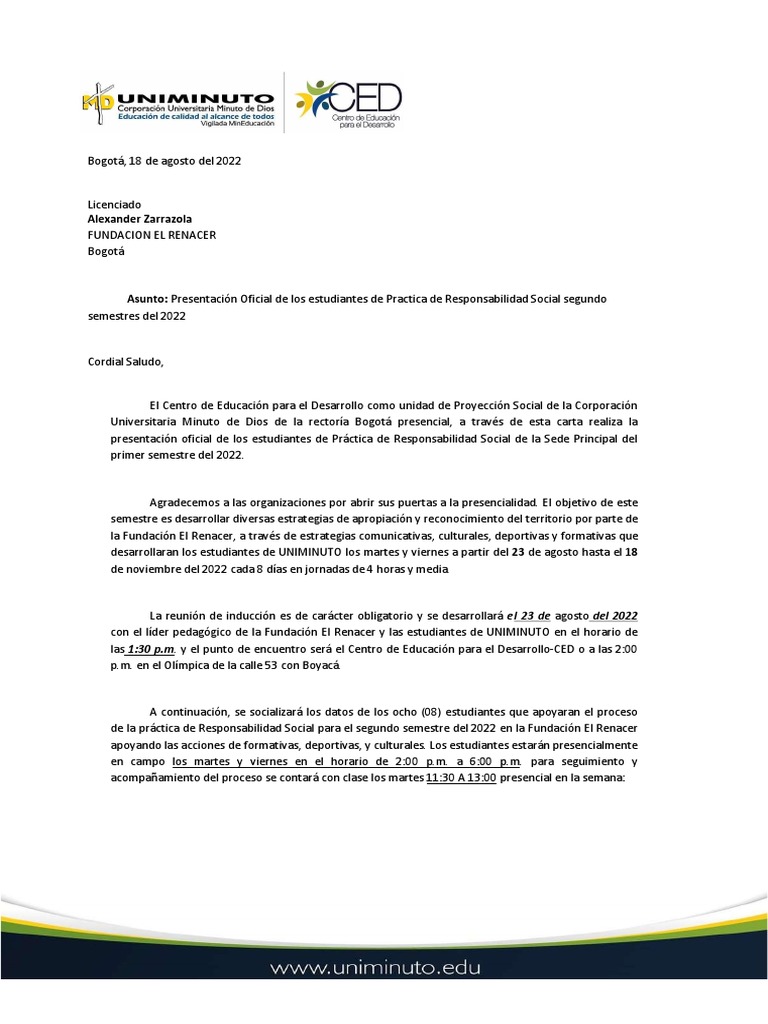 Carta de Presentacion El Renacer Ii 2022 | PDF
