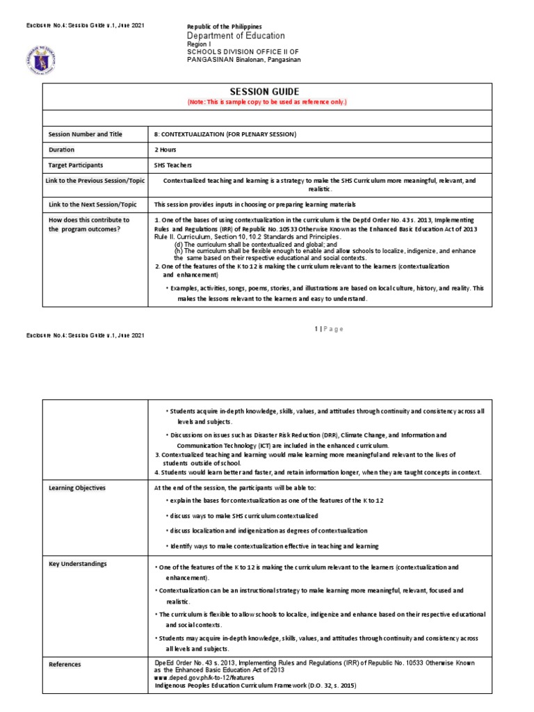Sample Session Guide For INSET | PDF | Curriculum | Learning