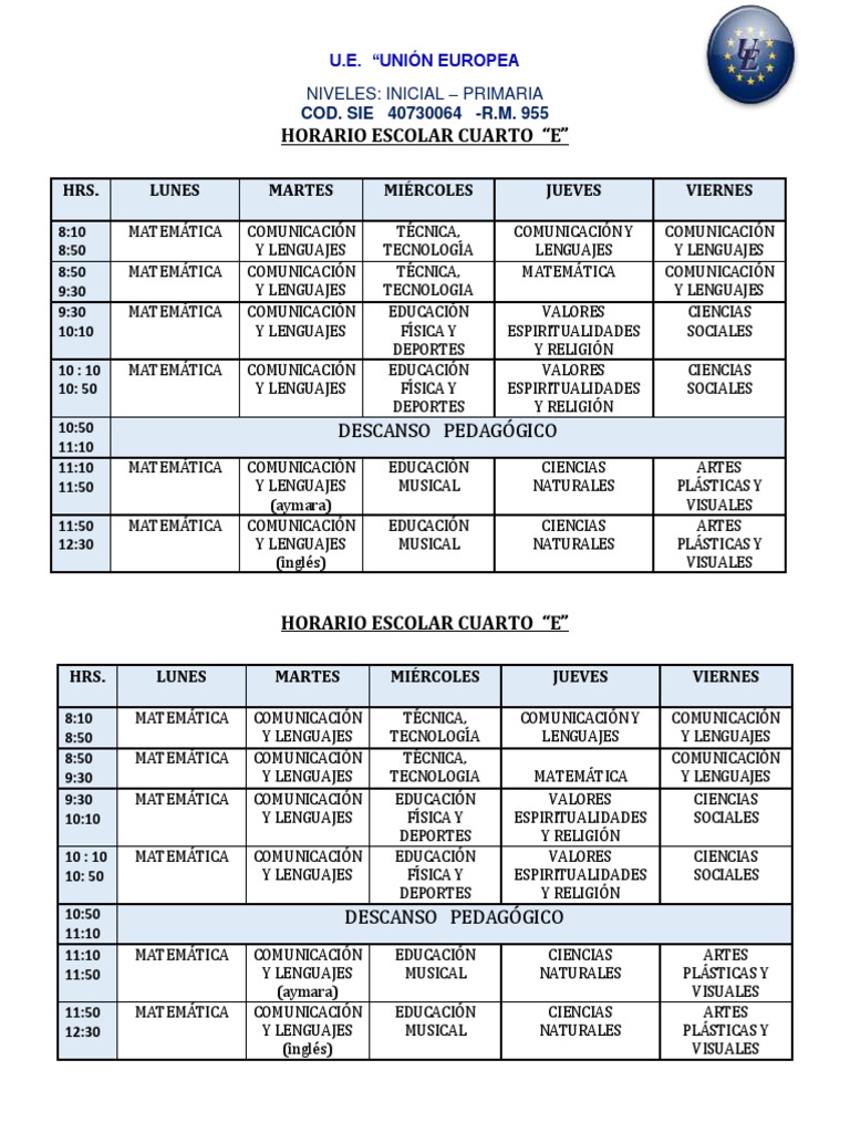 Horario Escolar Cuarto "E" Primaria | PDF