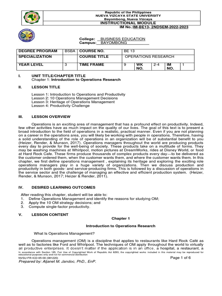 Lec1 OR | PDF | Operations Management | Innovation