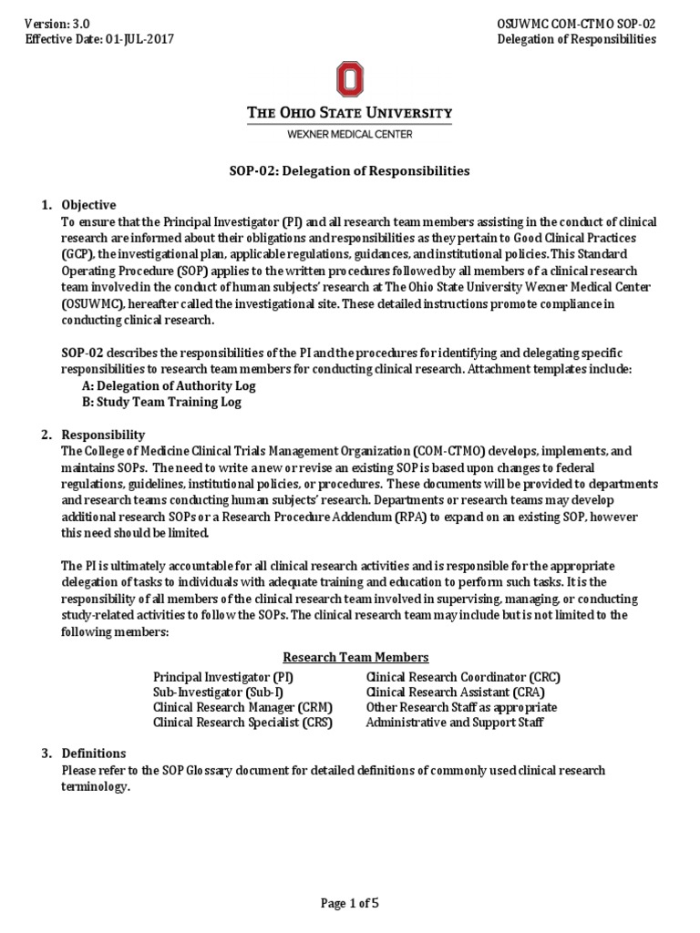 SOP 02 Delegation of Responsibilities | PDF | Clinical Trial ...