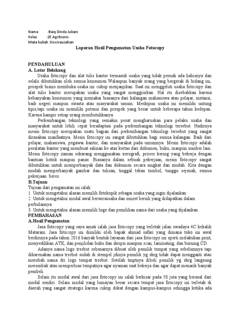 Laporan Hasil Pengamatan Usaha Fotocopy Pendahuluan A. Latar Belakang ...